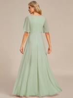 China Charming Empire Applique A-line Short Flutter Sleeves V-neck Invisible Zipper Mint Green Chiffon Evening Dress for sale