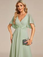 China Charming Empire Applique A-line Short Flutter Sleeves V-neck Invisible Zipper Mint Green Chiffon Evening Dress for sale