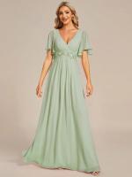 China Charming Empire Applique A-line Short Flutter Sleeves V-neck Invisible Zipper Mint Green Chiffon Evening Dress for sale