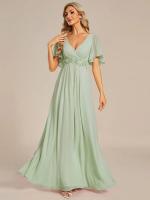 China Charming Empire Applique A-line Short Flutter Sleeves V-neck Invisible Zipper Mint Green Chiffon Evening Dress for sale