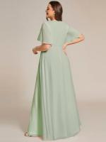 China Charming Empire Applique A-line Short Flutter Sleeves V-neck Invisible Zipper Mint Green Chiffon Evening Dress for sale