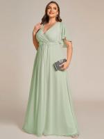 China Charming Empire Applique A-line Short Flutter Sleeves V-neck Invisible Zipper Mint Green Chiffon Evening Dress for sale