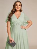 China Charming Empire Applique A-line Short Flutter Sleeves V-neck Invisible Zipper Mint Green Chiffon Evening Dress for sale