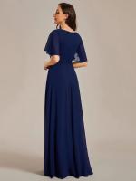 China Sexy Empire Applique A-line Short Flutter Sleeves V-neck Invisible Zipper Navy Blue Chiffon Graduation Dress for sale