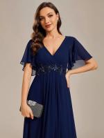 China Sexy Empire Applique A-line Short Flutter Sleeves V-neck Invisible Zipper Navy Blue Chiffon Graduation Dress for sale