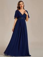 China Sexy Empire Applique A-line Short Flutter Sleeves V-neck Invisible Zipper Navy Blue Chiffon Graduation Dress for sale
