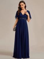China Sexy Empire Applique A-line Short Flutter Sleeves V-neck Invisible Zipper Navy Blue Chiffon Graduation Dress for sale