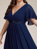 China Sexy Empire Applique A-line Short Flutter Sleeves V-neck Invisible Zipper Navy Blue Chiffon Graduation Dress for sale