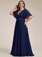 China Sexy Empire Applique A-line Short Flutter Sleeves V-neck Invisible Zipper Navy Blue Chiffon Graduation Dress for sale