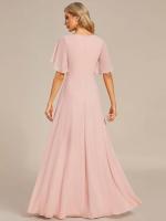 China Sexy Empire Applique A-line Short Flutter Sleeves V-neck Invisible Zipper Pink Chiffon Homecoming Dress for sale
