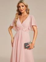 China Sexy Empire Applique A-line Short Flutter Sleeves V-neck Invisible Zipper Pink Chiffon Homecoming Dress for sale