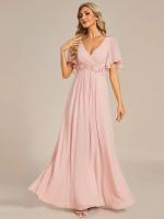 China Sexy Empire Applique A-line Short Flutter Sleeves V-neck Invisible Zipper Pink Chiffon Homecoming Dress for sale
