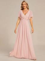China Sexy Empire Applique A-line Short Flutter Sleeves V-neck Invisible Zipper Pink Chiffon Homecoming Dress for sale