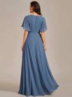China Sexy Empire Applique A-line Short Flutter Sleeves V-neck Invisible Zipper Dusty Navy Chiffon Prom Dress for sale