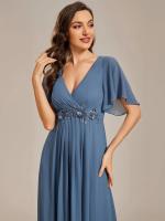 China Sexy Empire Applique A-line Short Flutter Sleeves V-neck Invisible Zipper Dusty Navy Chiffon Prom Dress for sale