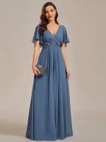 China Sexy Empire Applique A-line Short Flutter Sleeves V-neck Invisible Zipper Dusty Navy Chiffon Prom Dress for sale