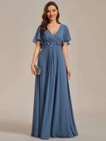 China Sexy Empire Applique A-line Short Flutter Sleeves V-neck Invisible Zipper Dusty Navy Chiffon Prom Dress for sale