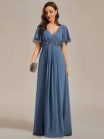 China Sexy Empire Applique A-line Short Flutter Sleeves V-neck Invisible Zipper Black Chiffon Party Dress for sale