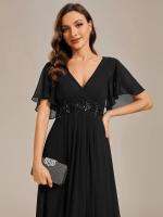 China Sexy Empire Applique A-line Short Flutter Sleeves V-neck Invisible Zipper Black Chiffon Party Dress for sale