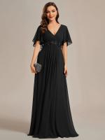 China Sexy Empire Applique A-line Short Flutter Sleeves V-neck Invisible Zipper Black Chiffon Party Dress for sale
