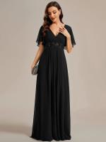 China Sexy Empire Applique A-line Short Flutter Sleeves V-neck Invisible Zipper Black Chiffon Party Dress for sale