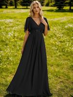 China Sexy Empire Applique A-line Short Flutter Sleeves V-neck Invisible Zipper Black Chiffon Party Dress for sale