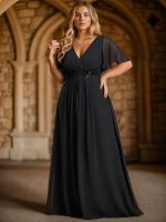 China Sexy Empire Applique A-line Short Flutter Sleeves V-neck Invisible Zipper Black Chiffon Party Dress for sale