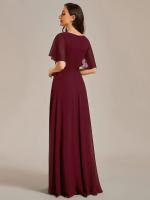 China Sexy Empire Applique A-line Short Flutter Sleeves V-neck Invisible Zipper Burgundy Chiffon Prom Dress for sale