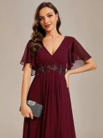China Sexy Empire Applique A-line Short Flutter Sleeves V-neck Invisible Zipper Burgundy Chiffon Prom Dress for sale