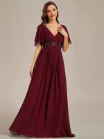 China Sexy Empire Applique A-line Short Flutter Sleeves V-neck Invisible Zipper Burgundy Chiffon Prom Dress for sale