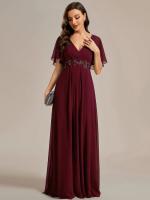 China Sexy Empire Applique A-line Short Flutter Sleeves V-neck Invisible Zipper Burgundy Chiffon Prom Dress for sale
