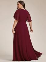 China Sexy Empire Applique A-line Short Flutter Sleeves V-neck Invisible Zipper Burgundy Chiffon Prom Dress for sale