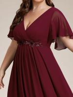 China Sexy Empire Applique A-line Short Flutter Sleeves V-neck Invisible Zipper Burgundy Chiffon Prom Dress for sale
