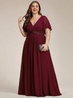 China Sexy Empire Applique A-line Short Flutter Sleeves V-neck Invisible Zipper Burgundy Chiffon Prom Dress for sale