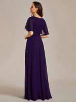 China Sexy Empire Applique A-line Short Flutter Sleeves V-neck Invisible Zipper Dark Purple Chiffon Bridesmaid Dress for sale