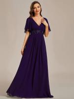 China Sexy Empire Applique A-line Short Flutter Sleeves V-neck Invisible Zipper Dark Purple Chiffon Bridesmaid Dress for sale