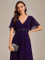 China Sexy Empire Applique A-line Short Flutter Sleeves V-neck Invisible Zipper Dark Purple Chiffon Bridesmaid Dress for sale