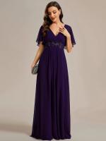 China Sexy Empire Applique A-line Short Flutter Sleeves V-neck Invisible Zipper Dark Purple Chiffon Bridesmaid Dress for sale