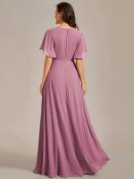 China Sexy Empire Applique A-line Short Flutter Sleeves V-neck Invisible Zipper Purple Orchid Chiffon Bridesmaid Dress for sale