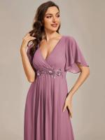 China Sexy Empire Applique A-line Short Flutter Sleeves V-neck Invisible Zipper Purple Orchid Chiffon Bridesmaid Dress for sale