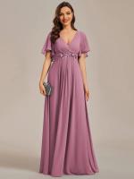 China Sexy Empire Applique A-line Short Flutter Sleeves V-neck Invisible Zipper Purple Orchid Chiffon Bridesmaid Dress for sale