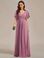 China Sexy Empire Applique A-line Short Flutter Sleeves V-neck Invisible Zipper Purple Orchid Chiffon Bridesmaid Dress for sale