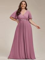 China Sexy Empire Applique A-line Short Flutter Sleeves V-neck Invisible Zipper Purple Orchid Chiffon Bridesmaid Dress for sale