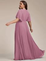 China Sexy Empire Applique A-line Short Flutter Sleeves V-neck Invisible Zipper Purple Orchid Chiffon Bridesmaid Dress for sale