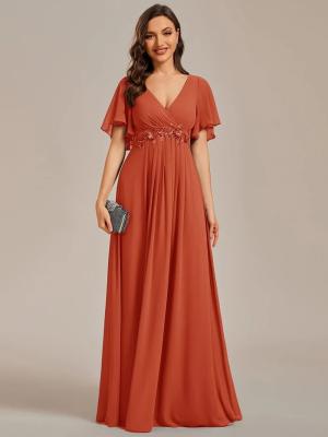 China Sexy Empire Applique A-line Short Flutter Sleeves V-neck Invisible Zipper Burnt Orange Chiffon Evening Dress for sale