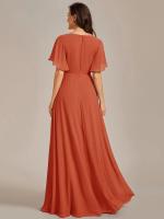 China Sexy Empire Applique A-line Short Flutter Sleeves V-neck Invisible Zipper Burnt Orange Chiffon Evening Dress for sale