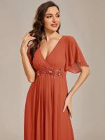 China Sexy Empire Applique A-line Short Flutter Sleeves V-neck Invisible Zipper Burnt Orange Chiffon Evening Dress for sale