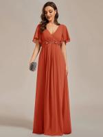 China Sexy Empire Applique A-line Short Flutter Sleeves V-neck Invisible Zipper Burnt Orange Chiffon Evening Dress for sale