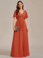 China Sexy Empire Applique A-line Short Flutter Sleeves V-neck Invisible Zipper Burnt Orange Chiffon Evening Dress for sale