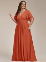 China Sexy Empire Applique A-line Short Flutter Sleeves V-neck Invisible Zipper Burnt Orange Chiffon Evening Dress for sale